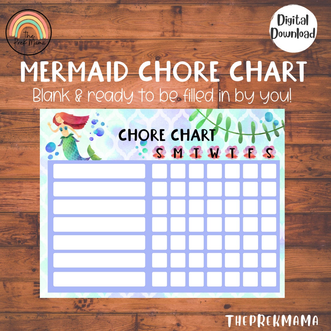Mermaid Chore Chart, Printable Chore Chart, Blank Chore Chart, Chore ...