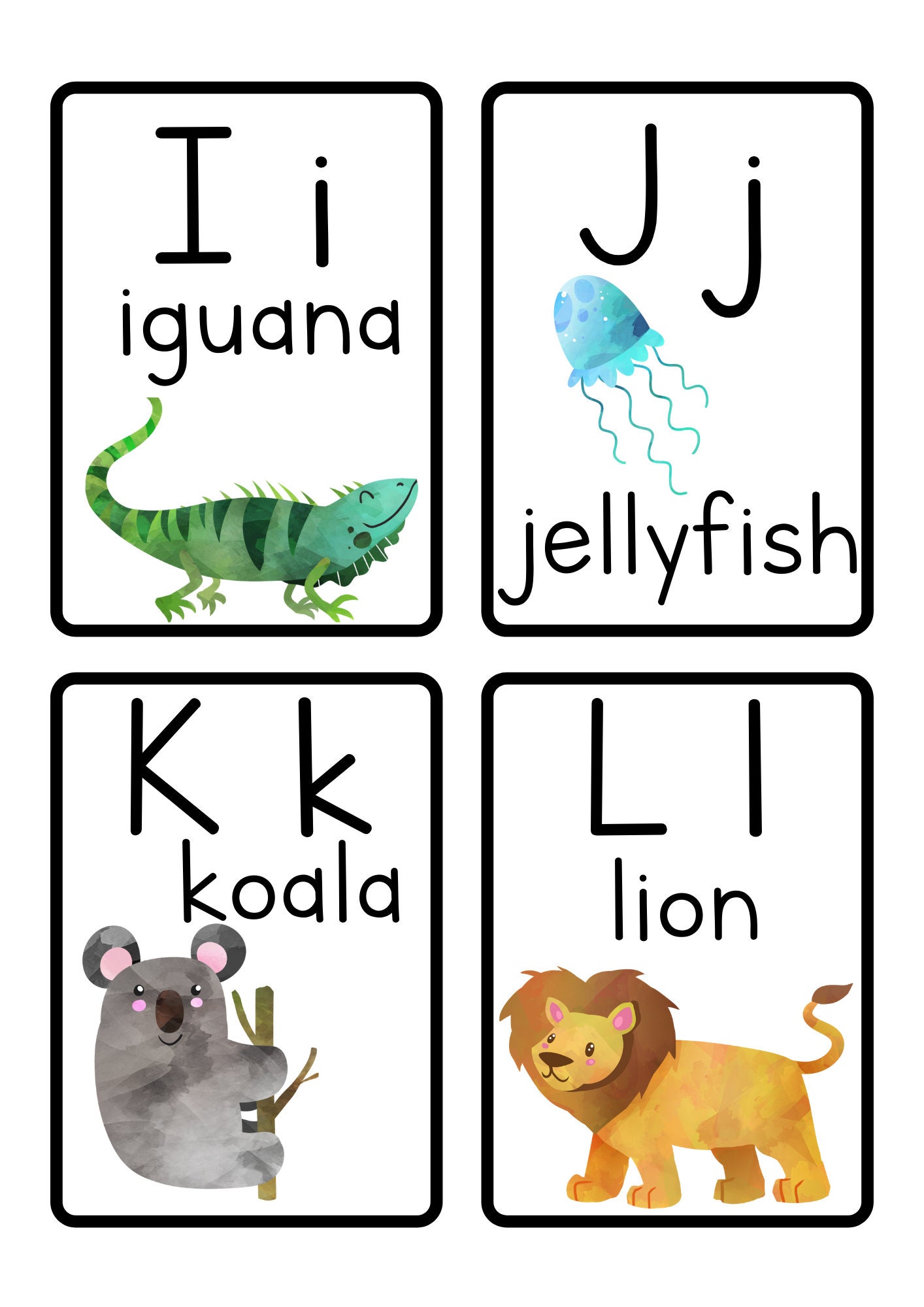 Animal Alphabet Flash Cards, Alphabet Watercolor Flashcards, Preschool ...