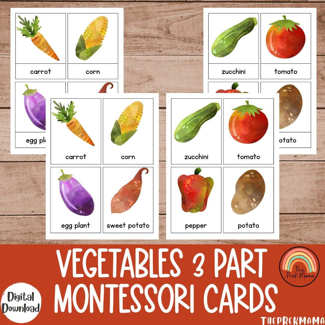 Montessori 3 Part Vegetable Cards, Preschool Printable, Flashcards ...