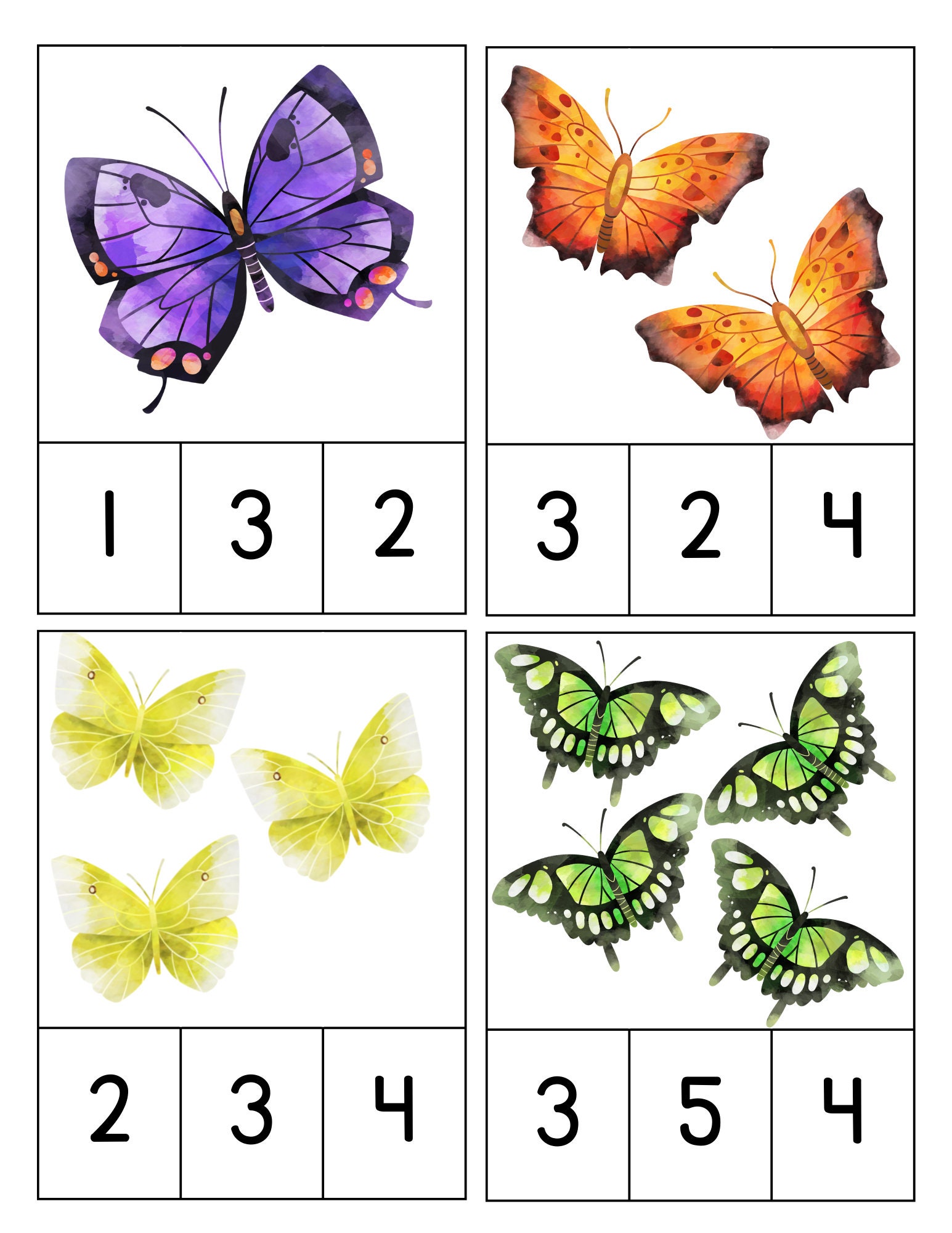 Butterfly Count and Clip Cards Preschool Printable Preschool - Etsy
