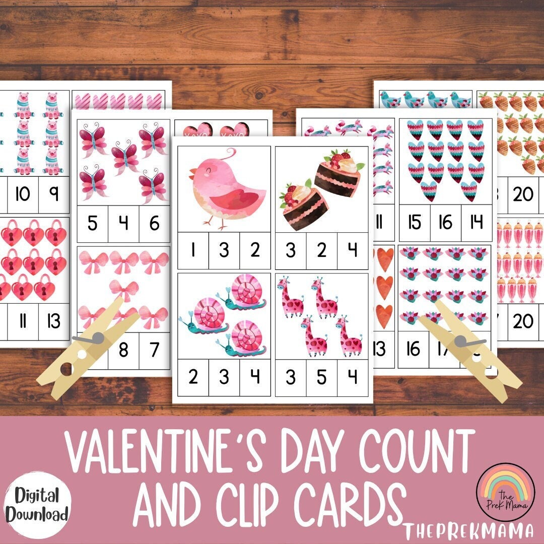 Valentine's Day Count and Clip Cards, Preschool Printable, Preschool ...