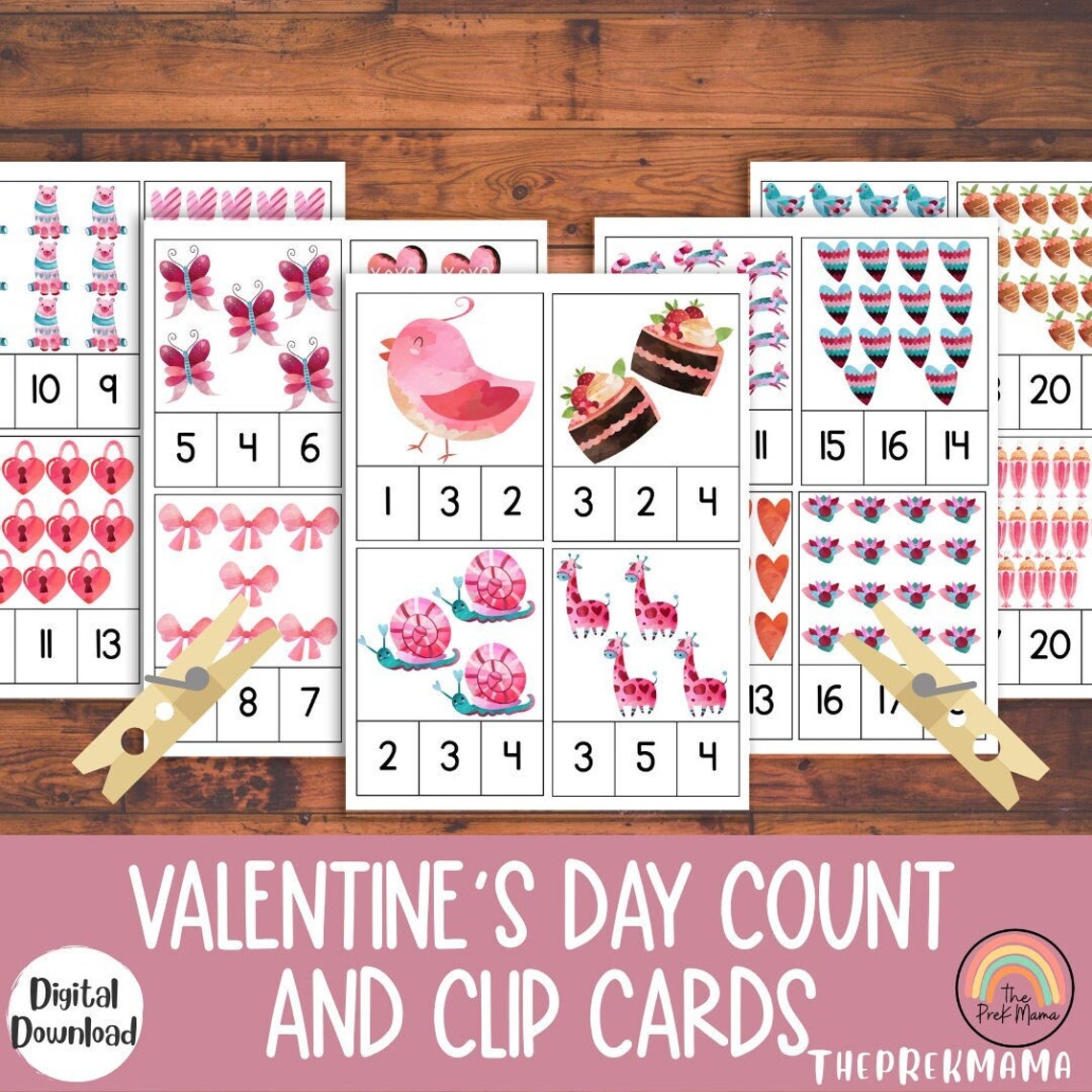 Valentine's Day Count and Clip Cards Preschool Printable - Etsy