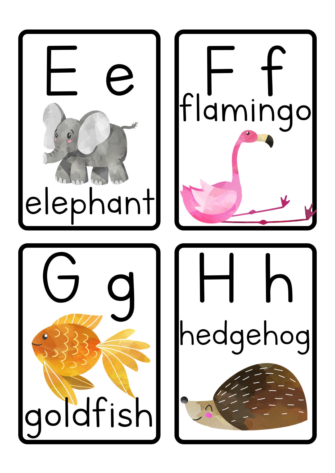 Animal Alphabet Flash Cards, Alphabet Watercolor Flashcards, Preschool ...