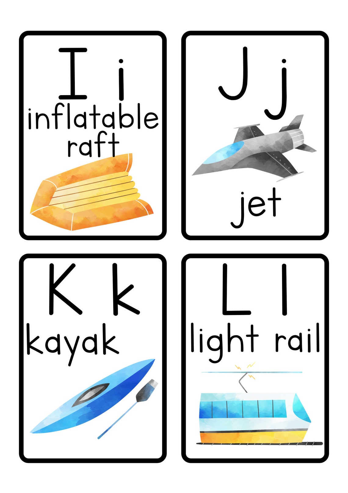 Transportation Alphabet Flash Cards Alphabet Watercolor | Etsy