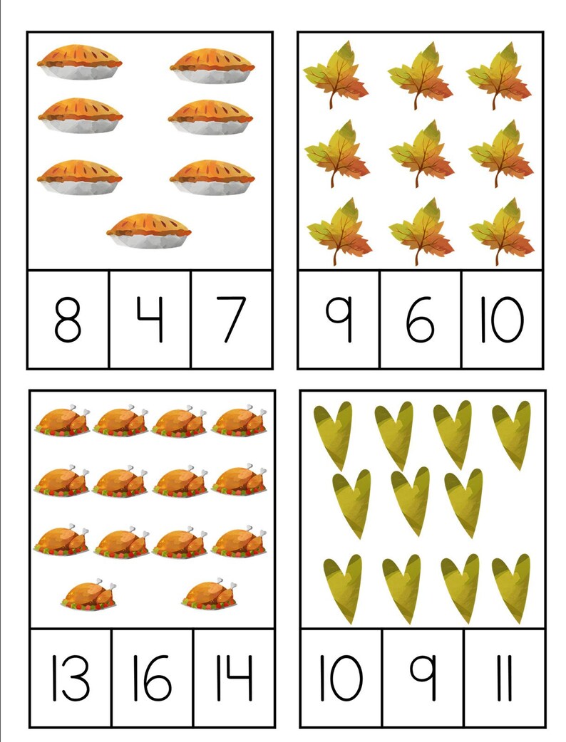 Thanksgiving Count and Clip Cards, Preschool Printable, Preschool Math ...
