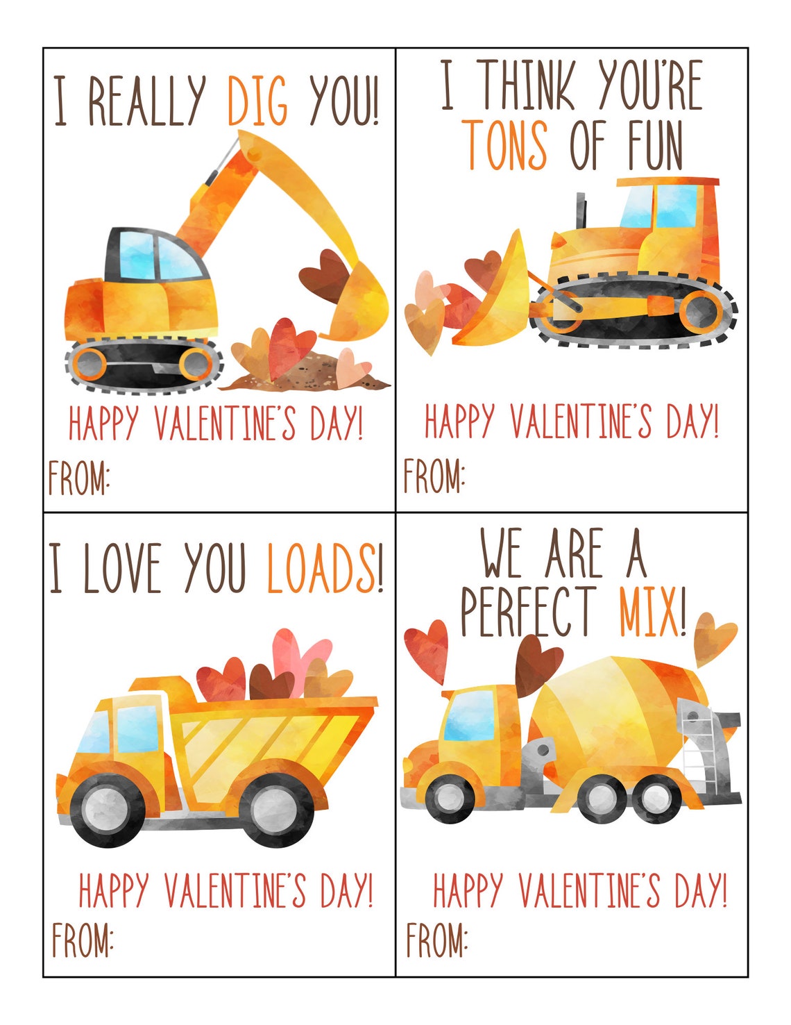 Construction Valentine's Day Cards Printable | Etsy