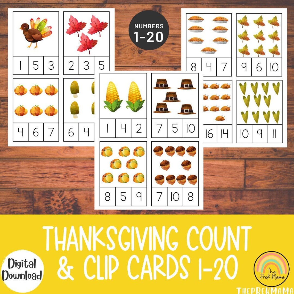 Thanksgiving Count and Clip Cards Preschool Printable - Etsy