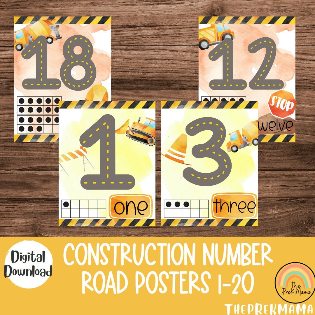 Construction Road Number Posters, Preschool Printables, Preschool ...
