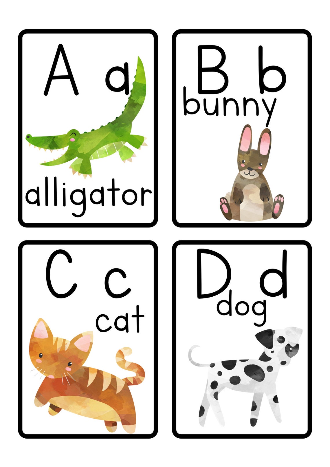 Animal Alphabet Flash Cards Alphabet Watercolor Flashcards | Etsy