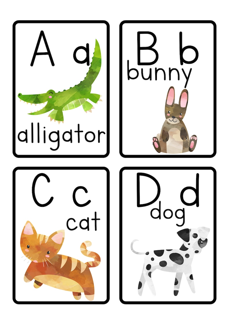 Animal Alphabet Flash Cards Alphabet Watercolor Flashcards | Etsy