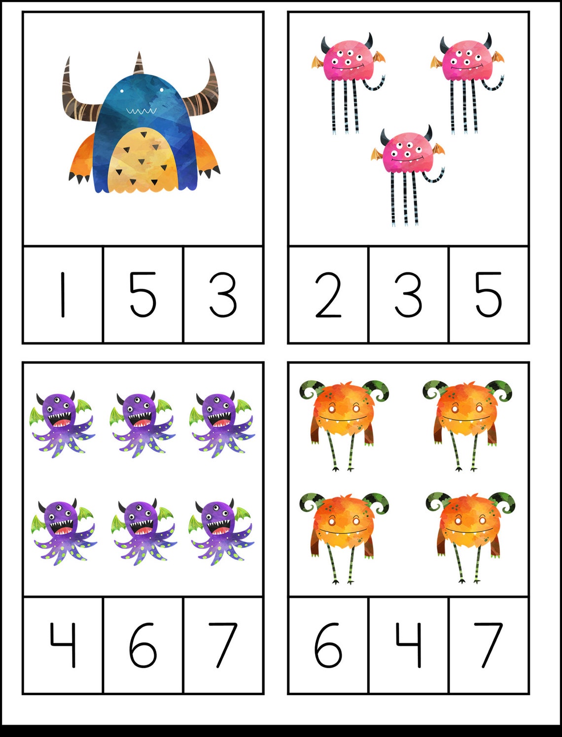 Monster Count and Clip Cards Preschool Printable Preschool | Etsy