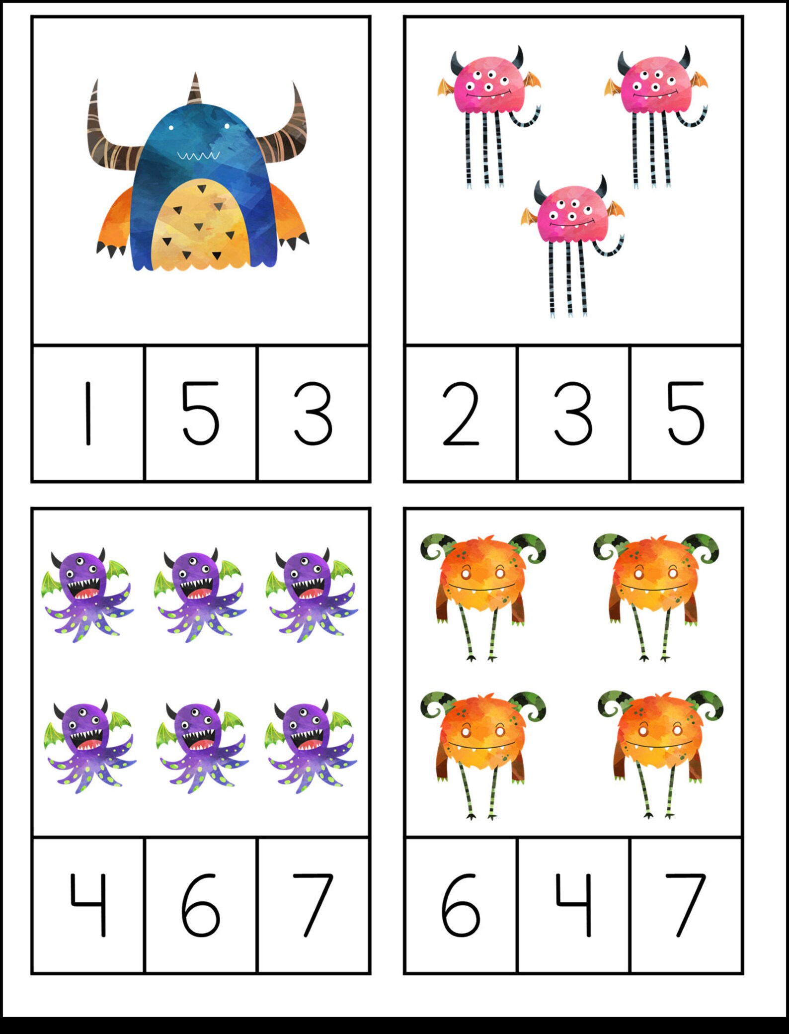 Monster Count and Clip Cards Preschool Printable Preschool | Etsy