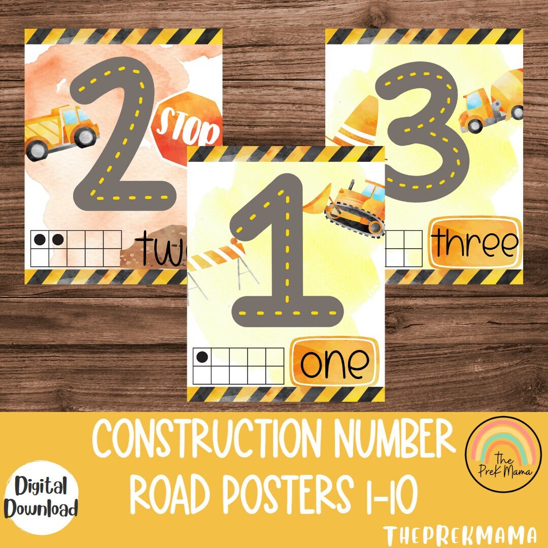 Construction Road Number Posters, Preschool Printables, Preschool ...