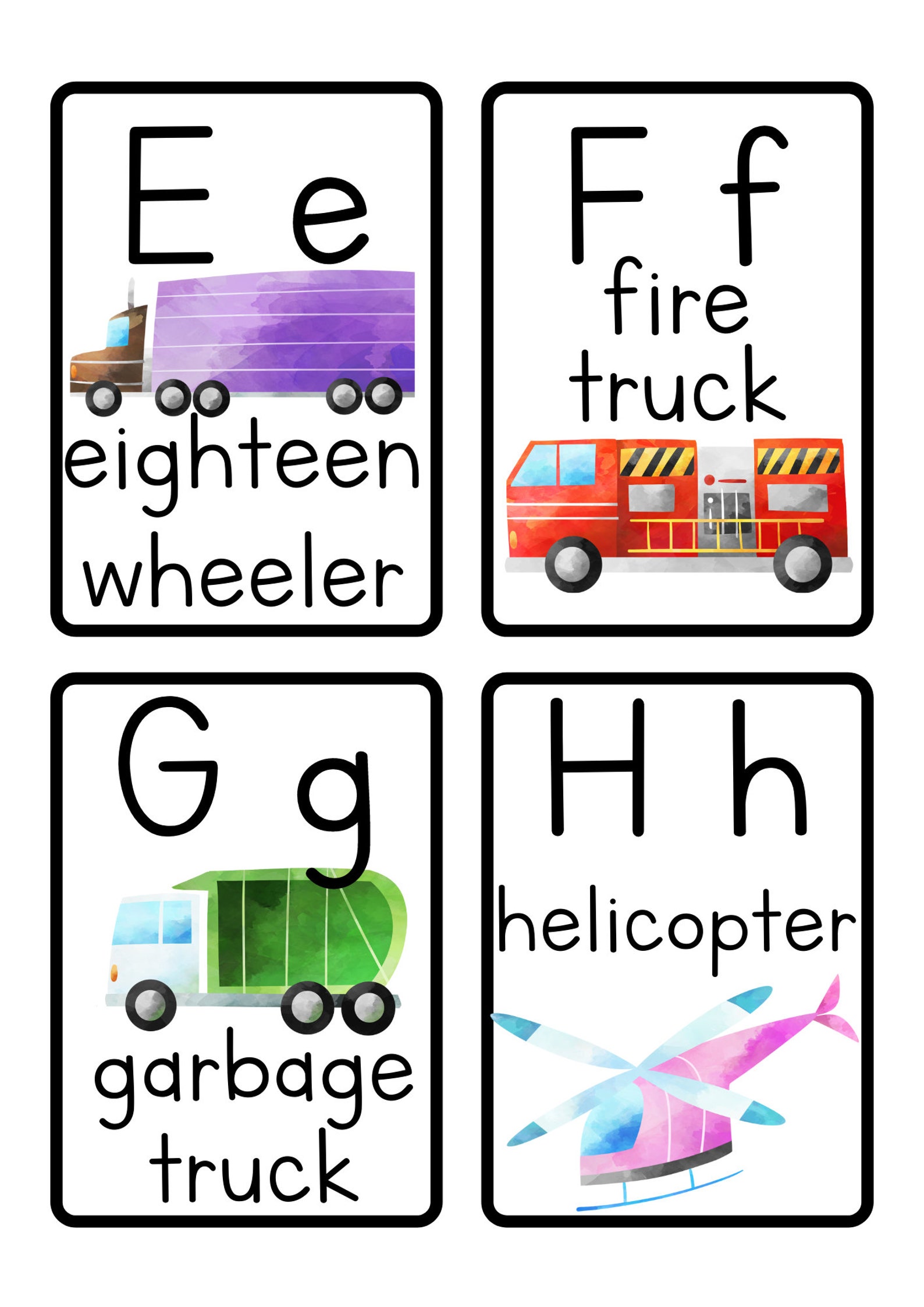 Transportation Alphabet Flash Cards, Alphabet Watercolor Flashcards ...