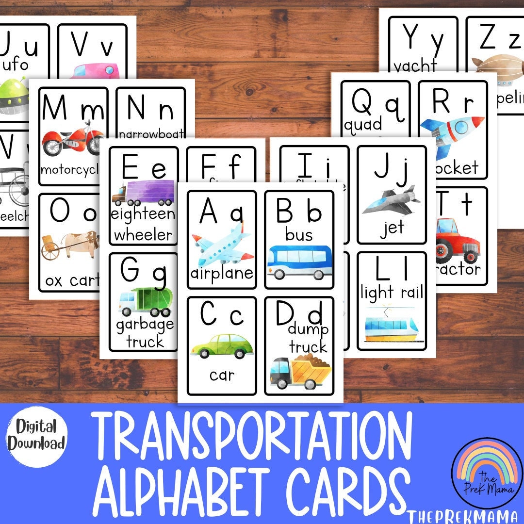Transportation Alphabet Flash Cards, Alphabet Watercolor Flashcards ...