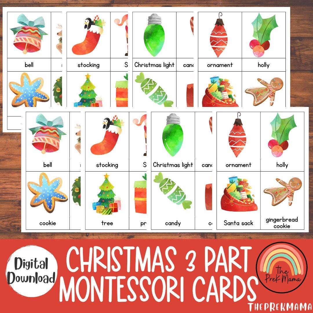 Montessori 3 Part Christmas Cards, Preschool Printable, Flashcards ...