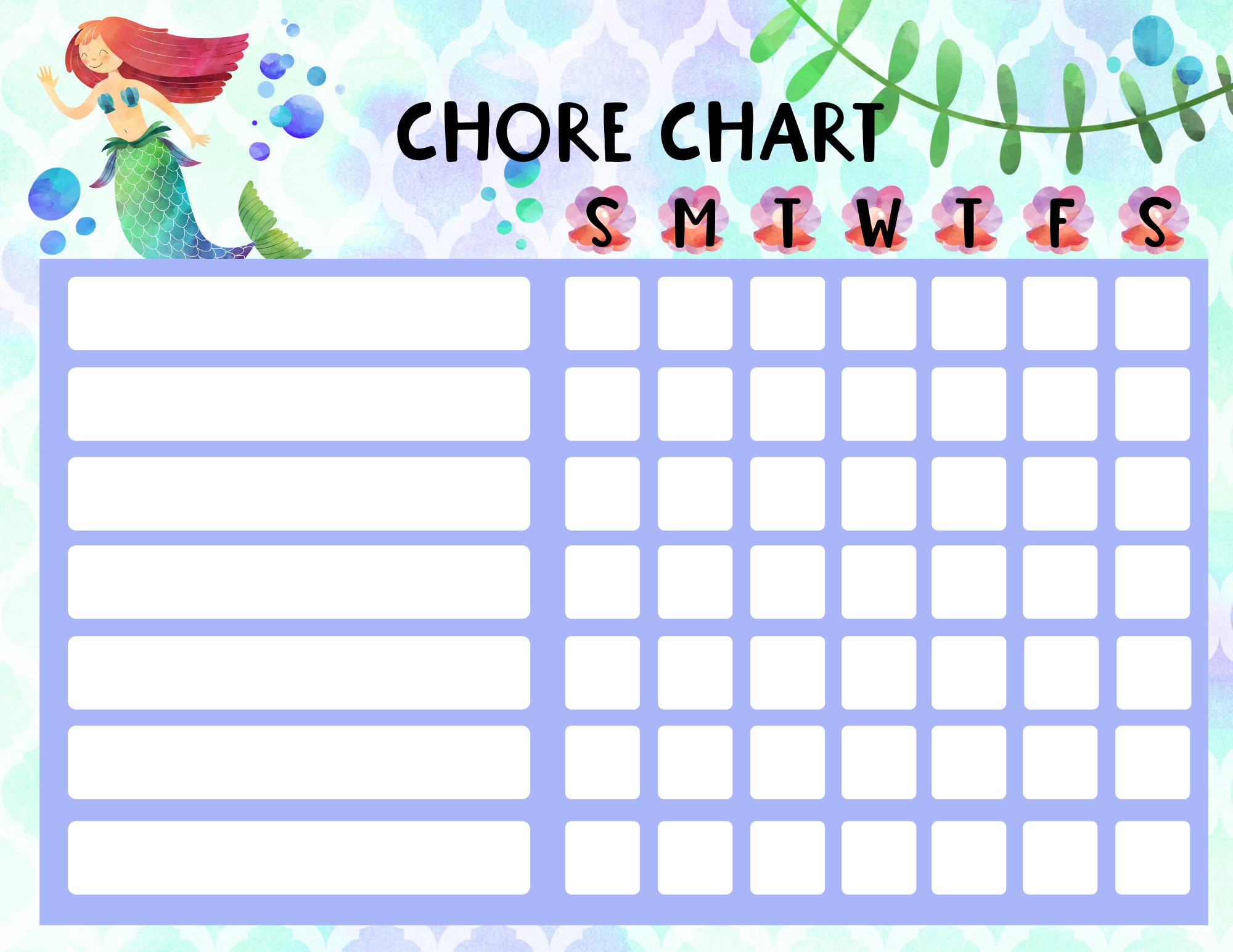 Mermaid Chore Chart, Printable Chore Chart, Blank Chore Chart, Chore ...