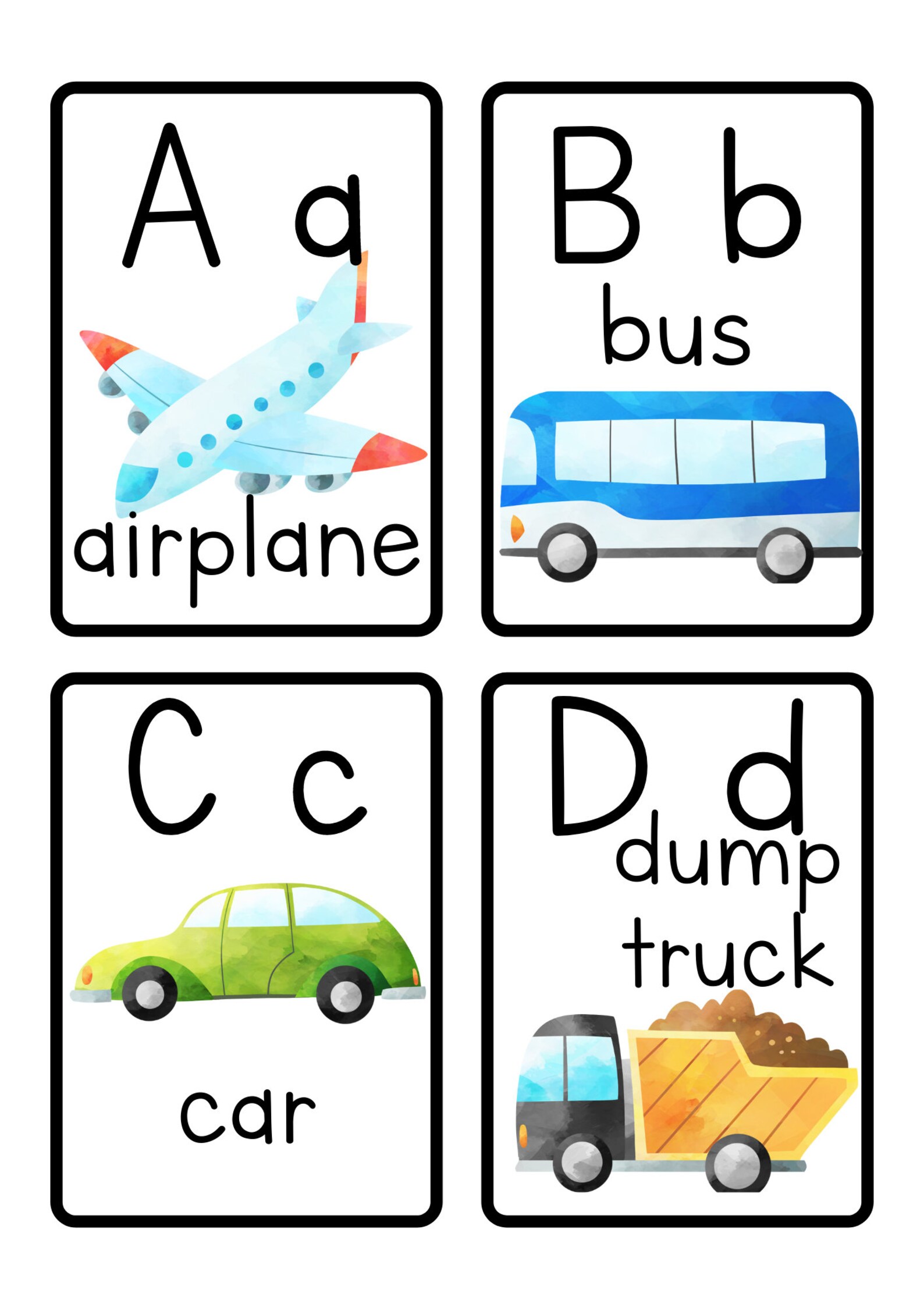Transportation Alphabet Flash Cards Alphabet Watercolor - Etsy