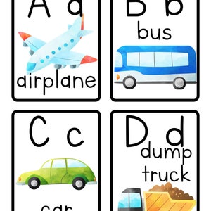 Transportation Alphabet Flash Cards, Alphabet Watercolor Flashcards ...