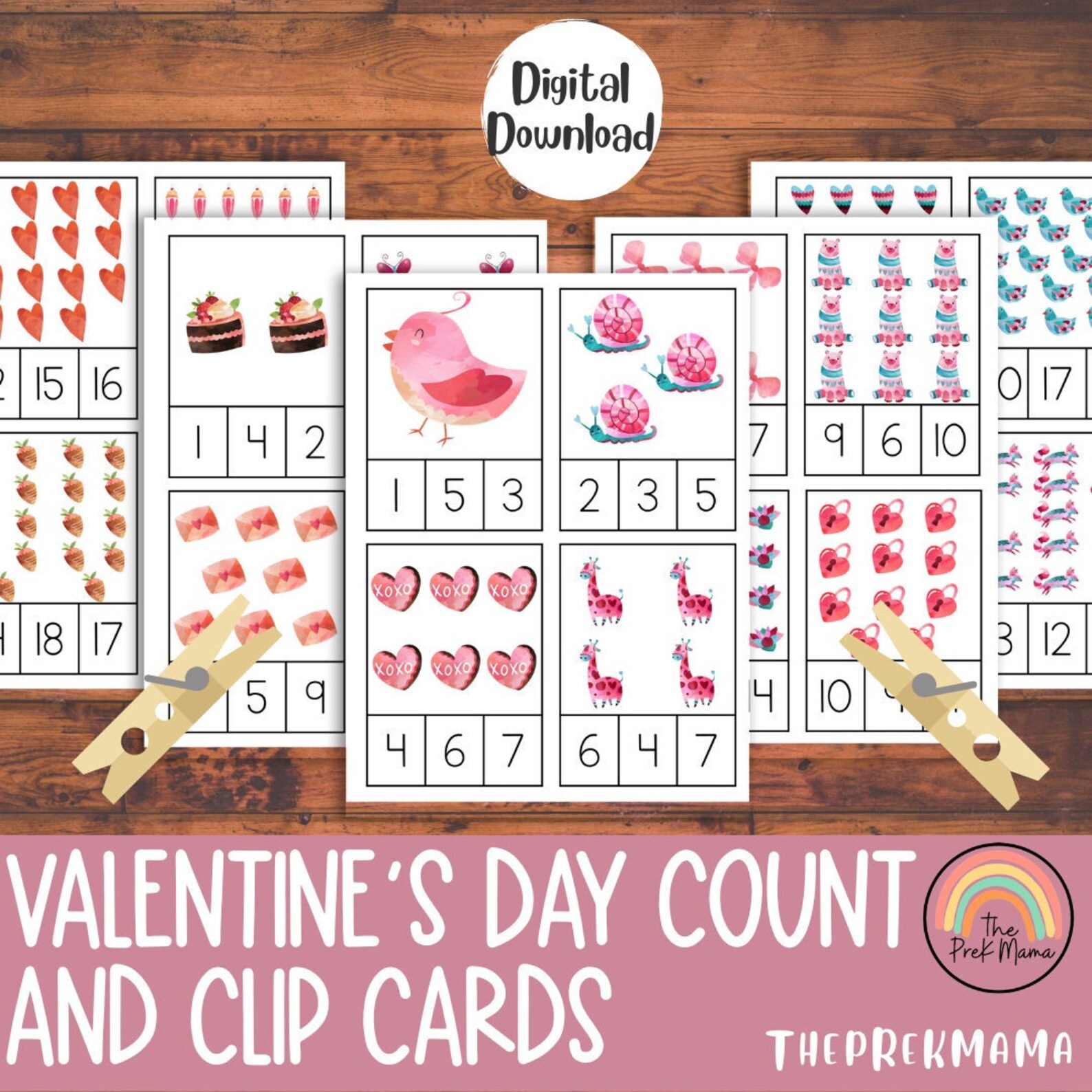Valentine's Day Count and Clip Cards Preschool Printable - Etsy
