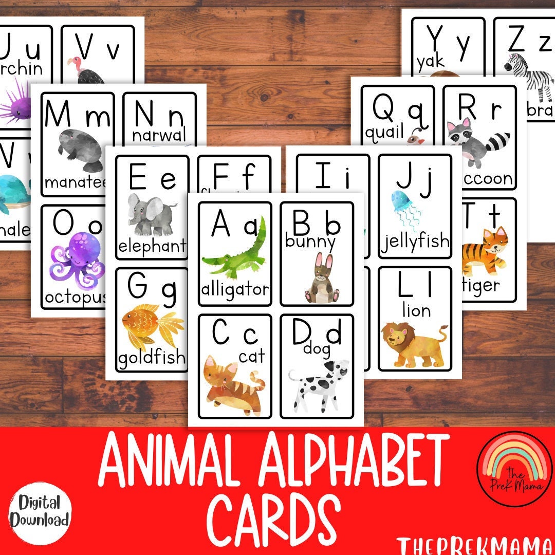 Animal Alphabet Flash Cards, Alphabet Watercolor Flashcards, Preschool ...