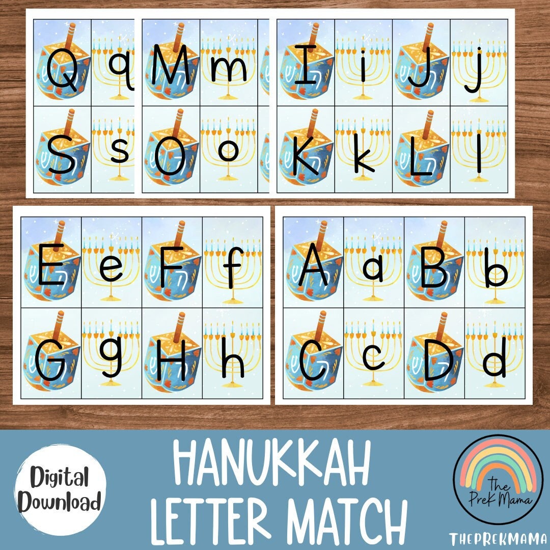 Hanukkah Alphabet Match, Hanukkah Preschool Printable, Alphabet ...