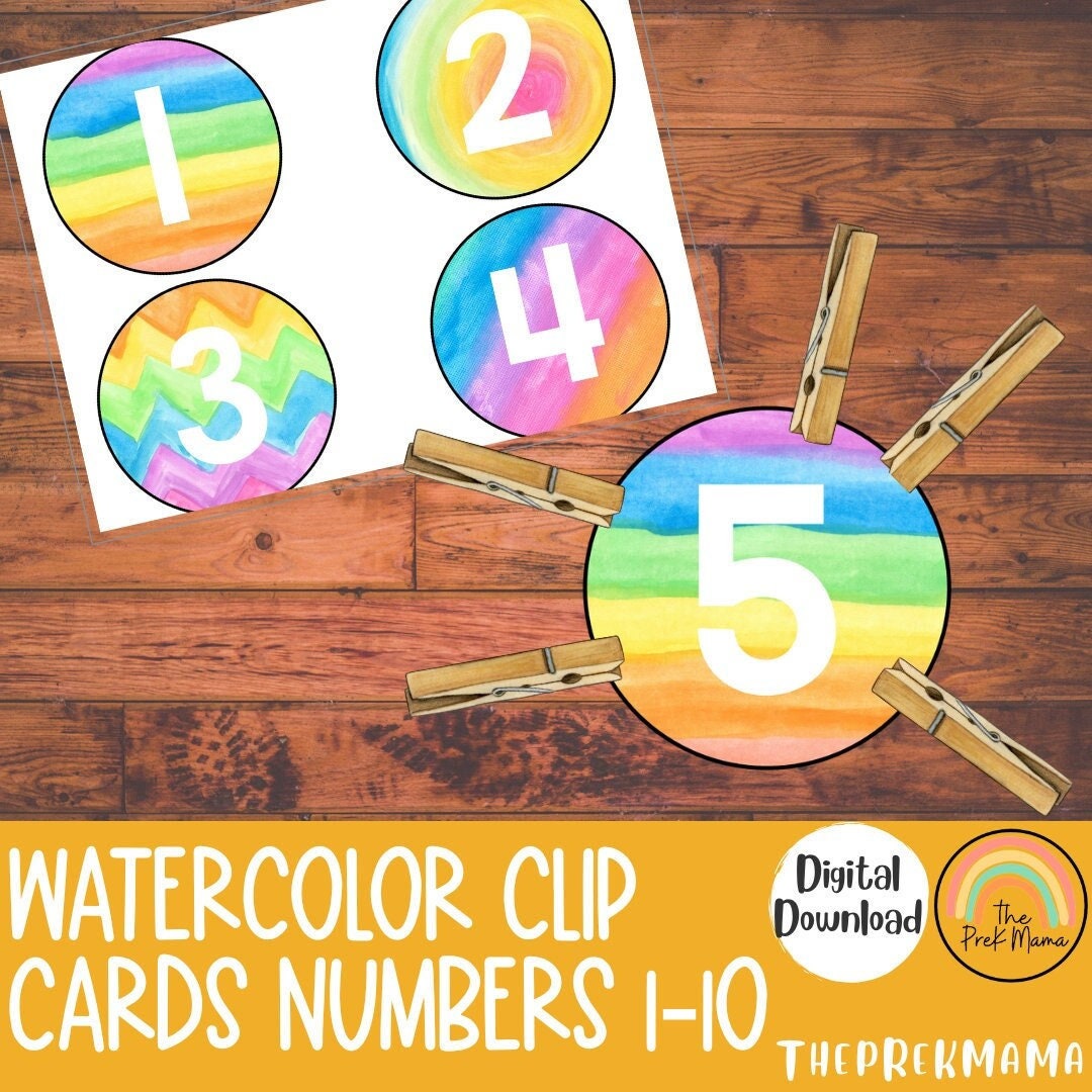 Watercolor Clip Cards Numbers 1-10 Preschool Printable - Etsy
