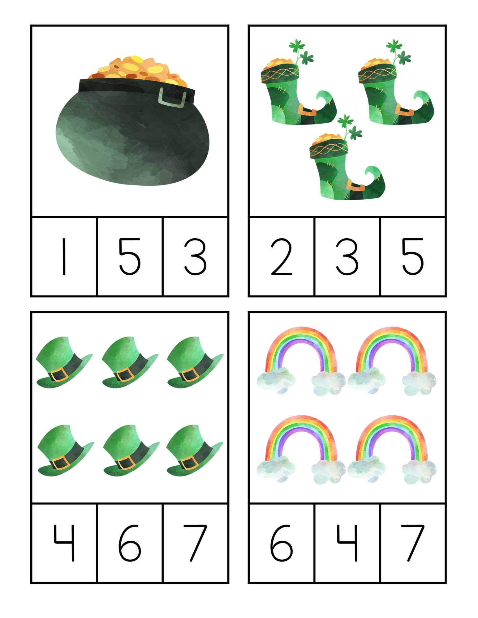 St. Patrick's Day Count and Clip Cards, Preschool Printable, Preschool ...