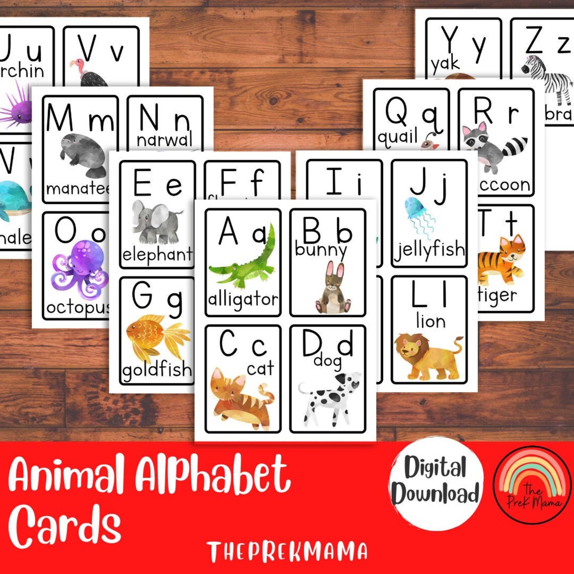 Animal Alphabet Flash Cards Alphabet Watercolor Flashcards | Etsy