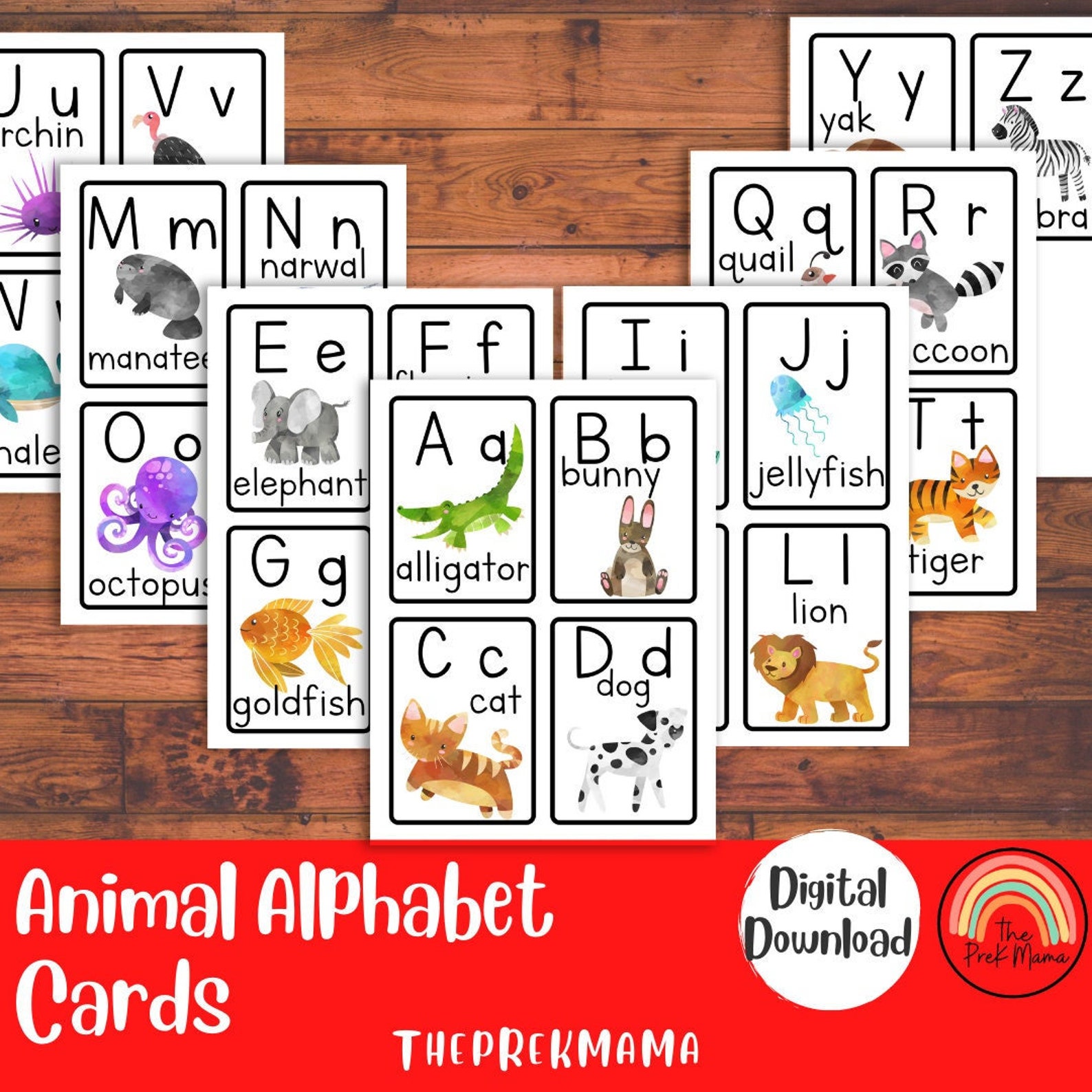 Animal Alphabet Flash Cards Alphabet Watercolor Flashcards | Etsy