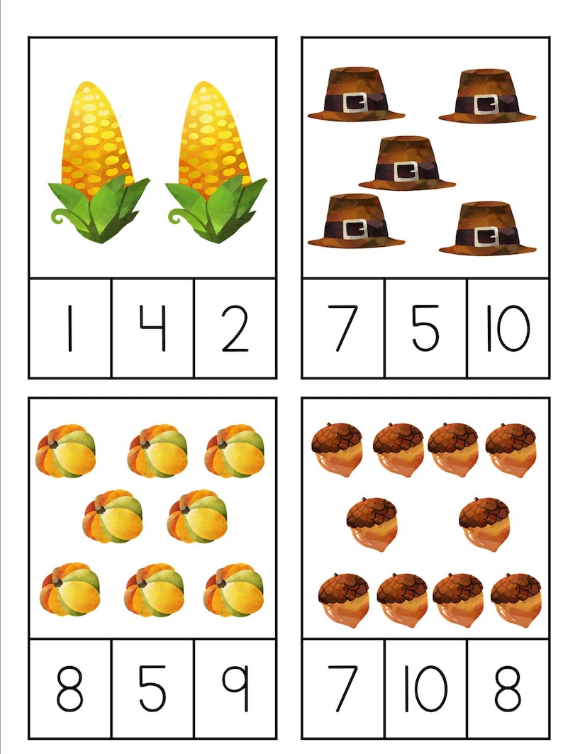 Thanksgiving Count and Clip Cards Preschool Printable - Etsy