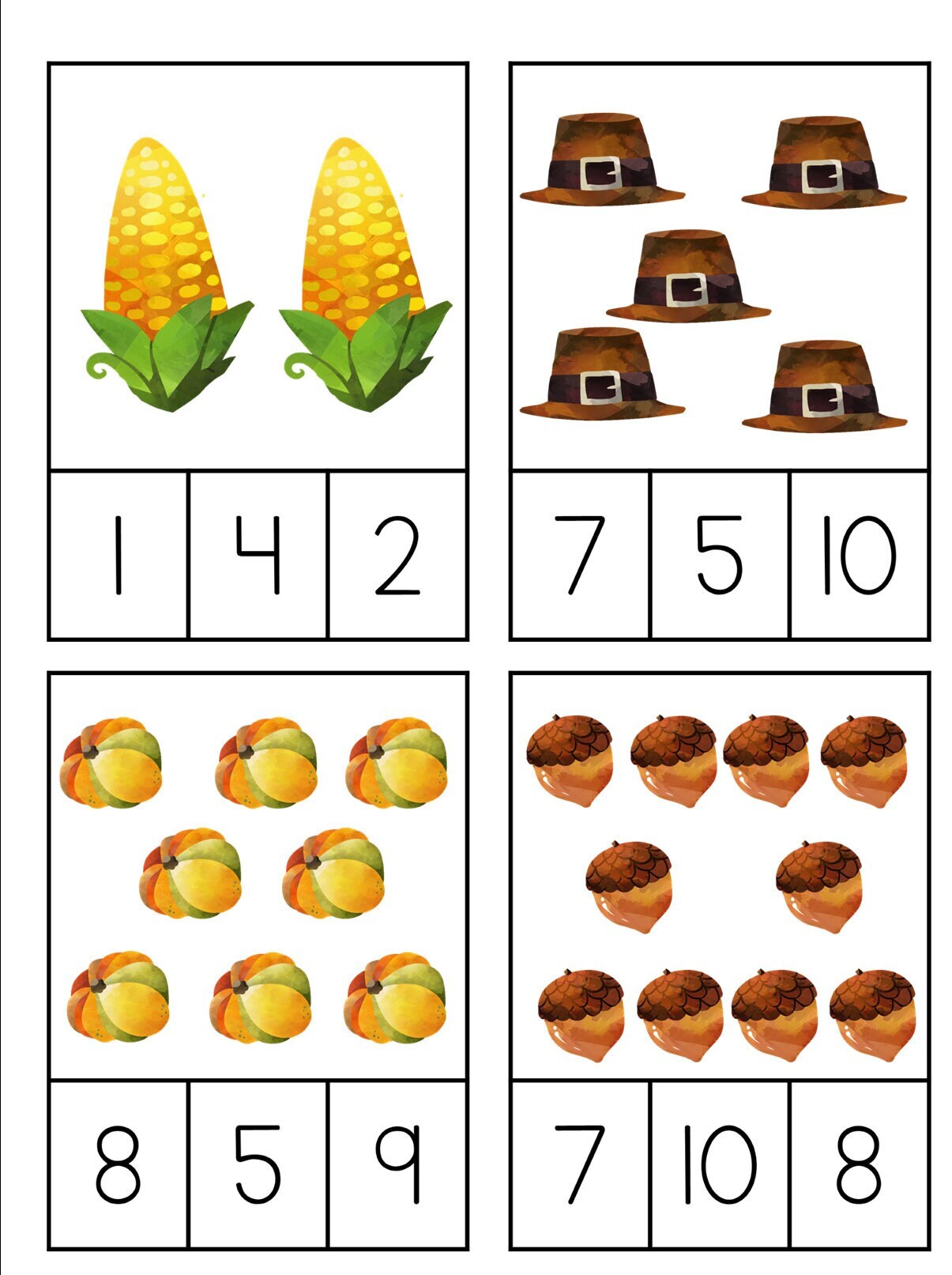 Thanksgiving Count and Clip Cards, Preschool Printable, Preschool Math ...