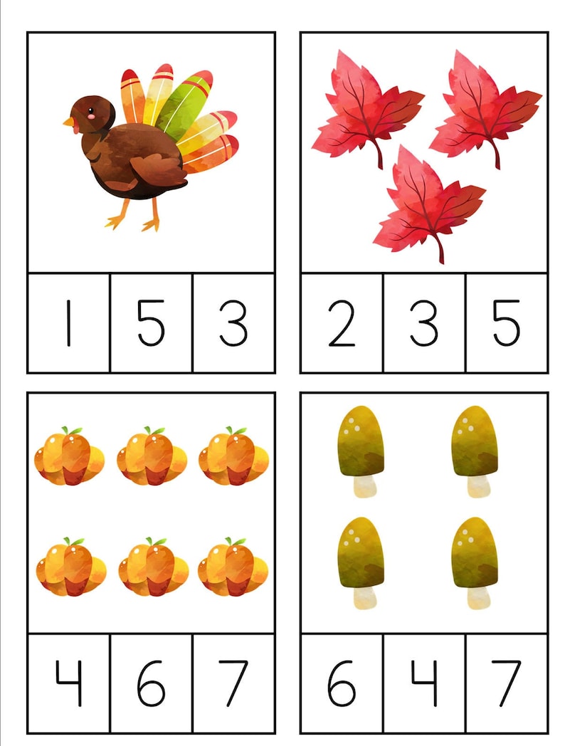 Thanksgiving Count and Clip Cards Preschool Printable - Etsy