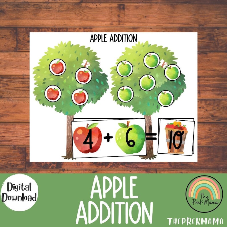 Apple Addition Math Activity Preschool Printable Preschool - Etsy