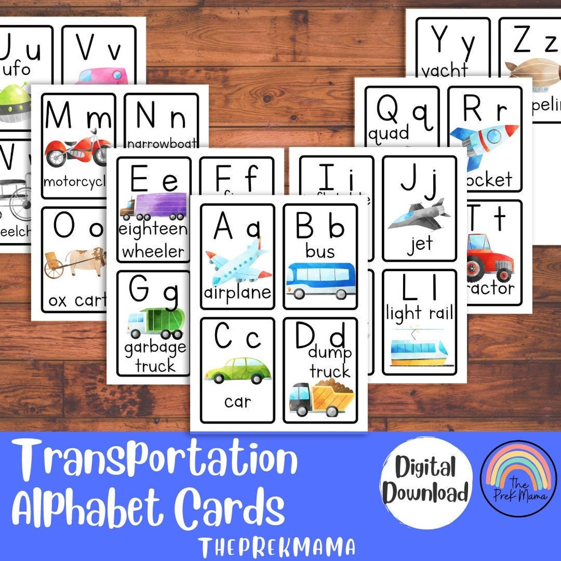 Transportation Alphabet Flash Cards Alphabet Watercolor | Etsy