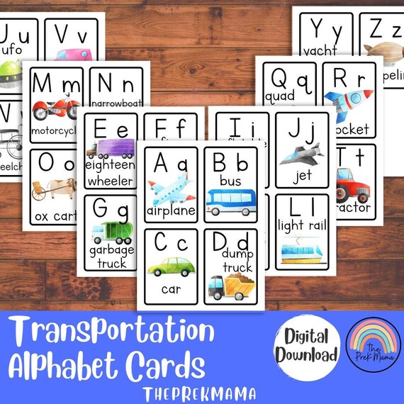 Transportation Alphabet Flash Cards Alphabet Watercolor | Etsy