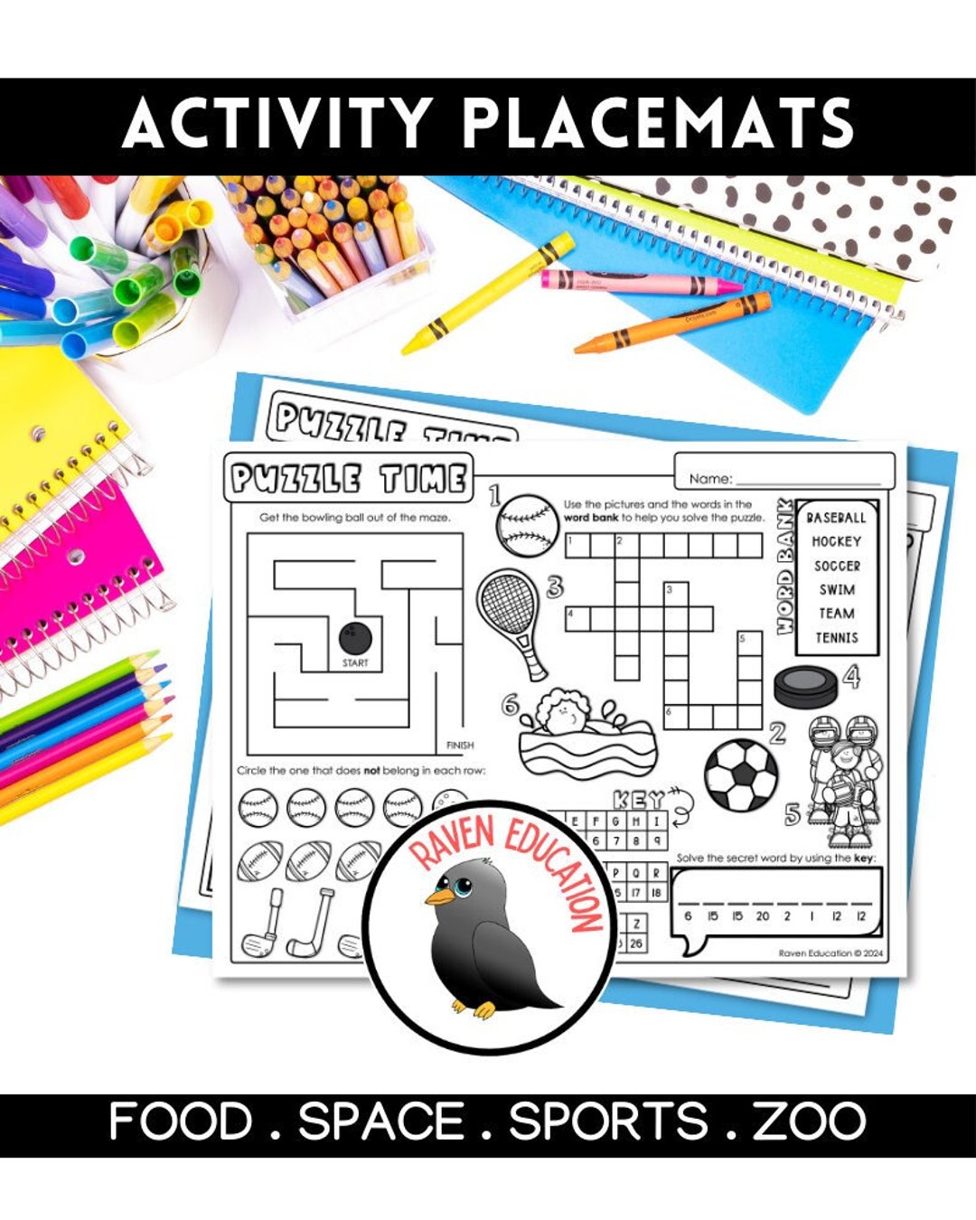 Activity Placemats (worksheets) Bundle [mazes, Crosswords, Word Search ...