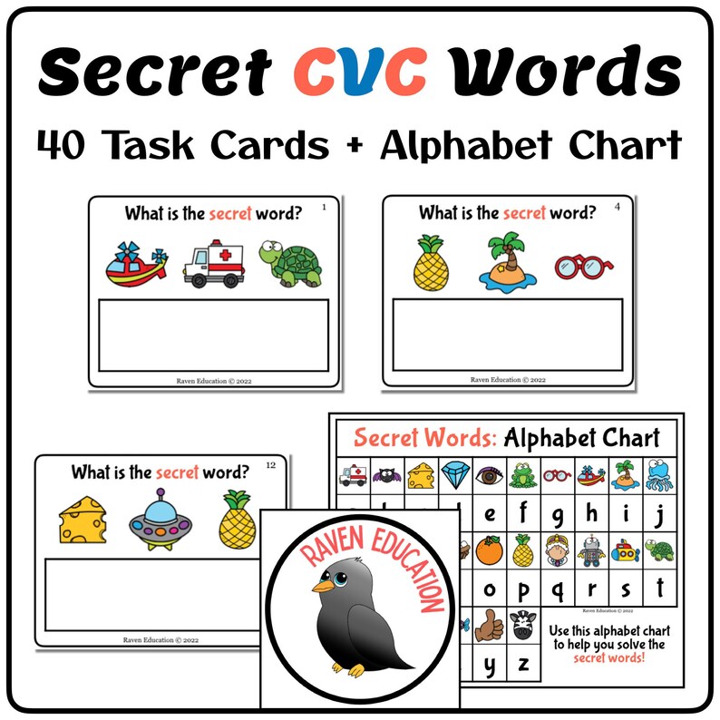 Secret CVC Words (40 Task Cards + Alphabet Chart) - Etsy