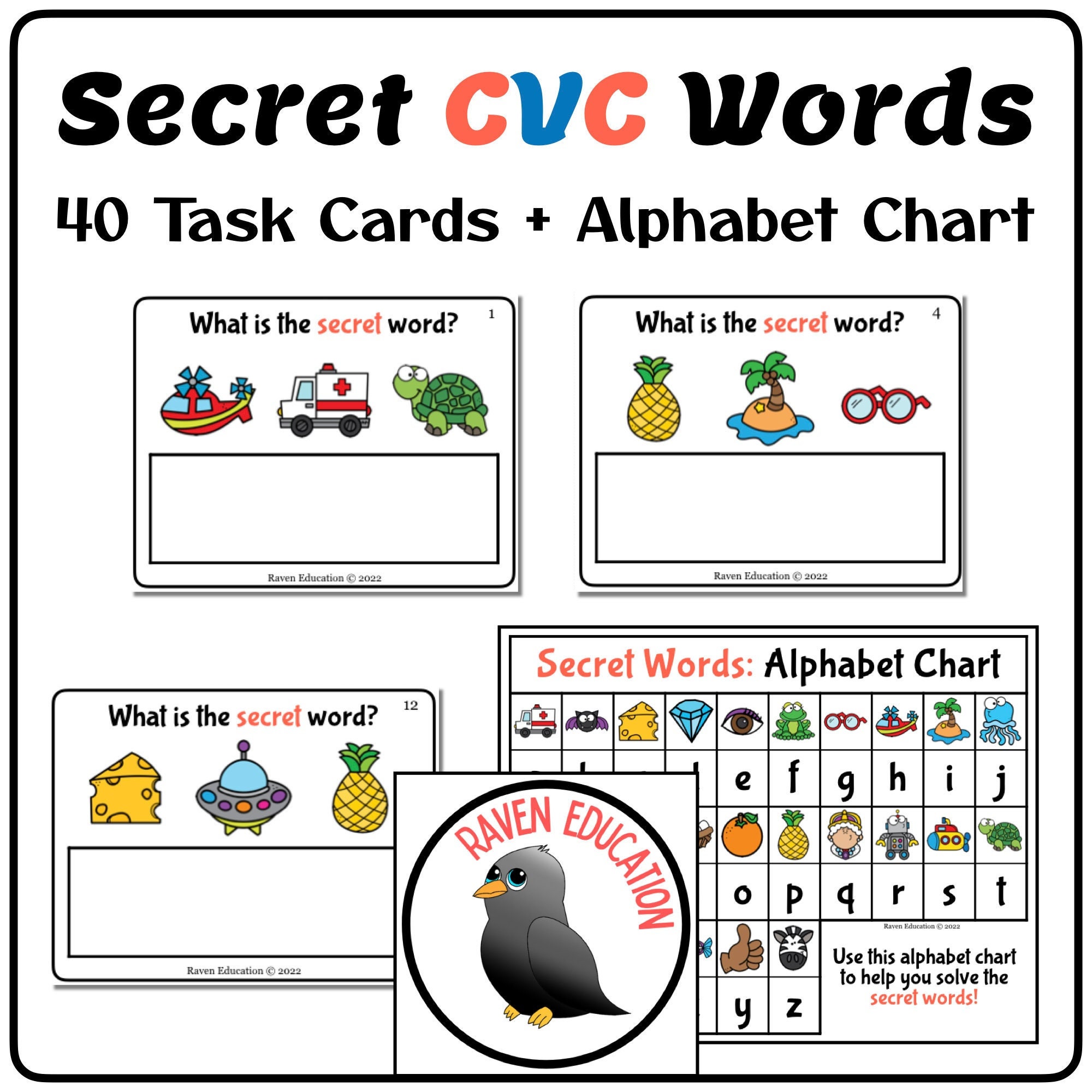 Secret CVC Words (40 Task Cards + Alphabet Chart) - Etsy