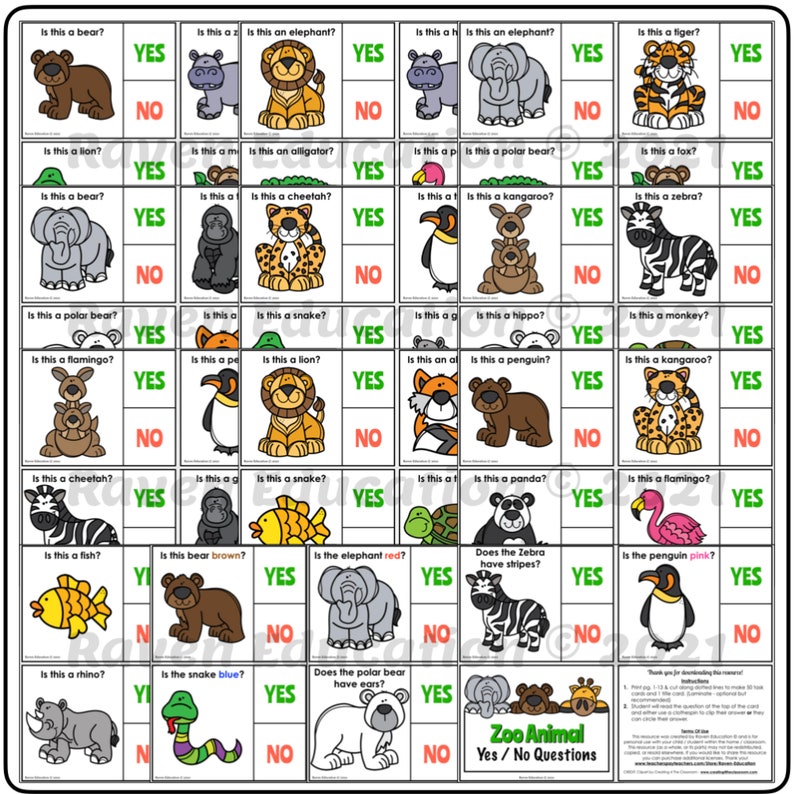 YES or NO Questions - Zoo Animals (50 Printable Task Cards) - Etsy