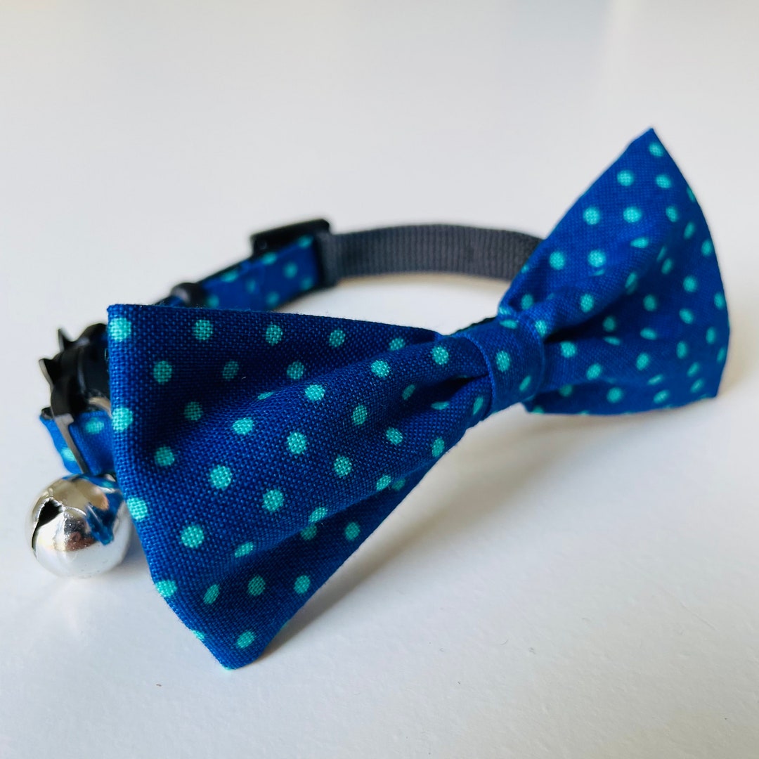 Blue Polka Spot Dot Bow Cat Collar, Kitten Collar, Breakaway Collar ...