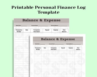 Personal Finance Log Template, Printable Balance, Expense Tracker ...