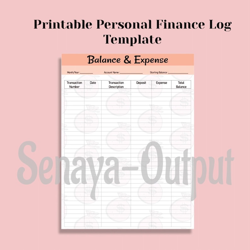 Personal Finance Log Template, Printable Balance, Expense Tracker ...