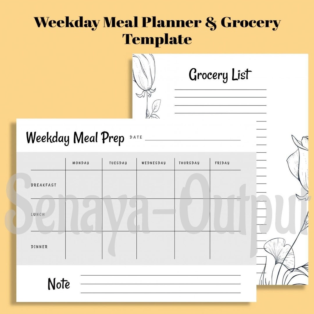 Work Week Meal Plan Template, Weekday Meal Prep Template With Grocery ...