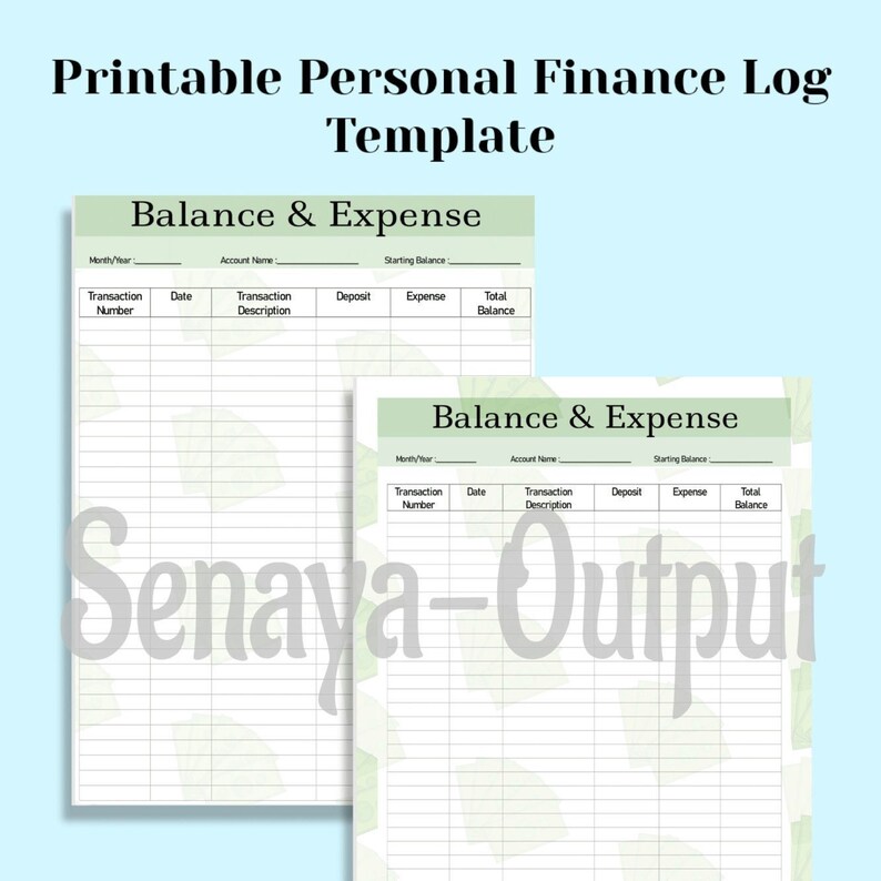 Personal Finance Log Template, Printable Balance, Expense Tracker ...