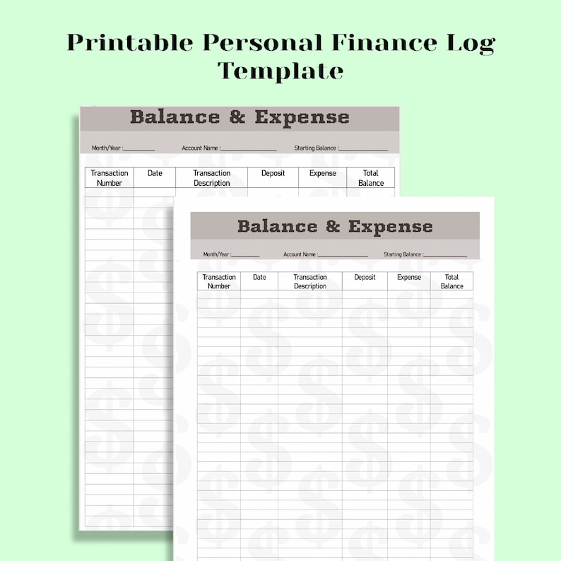 Personal Finance Log Template, Printable Balance, Expense Tracker ...