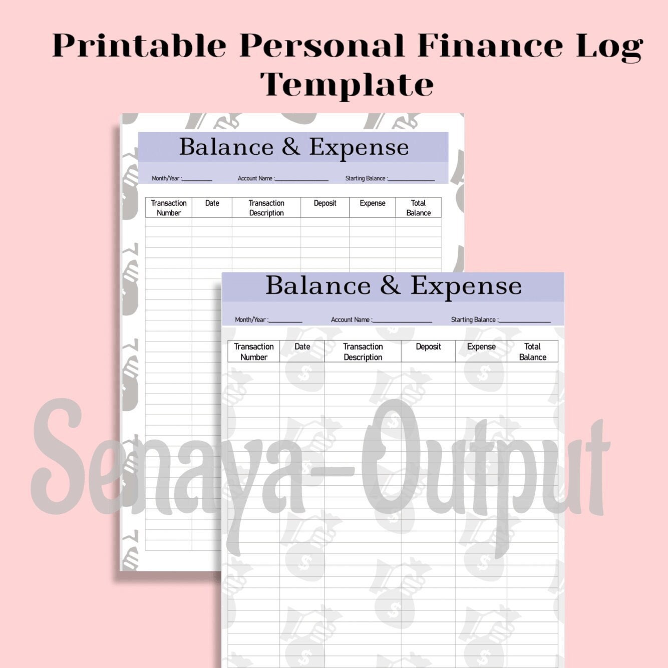 Personal Finance Log Template, Printable Balance, Expense Tracker ...