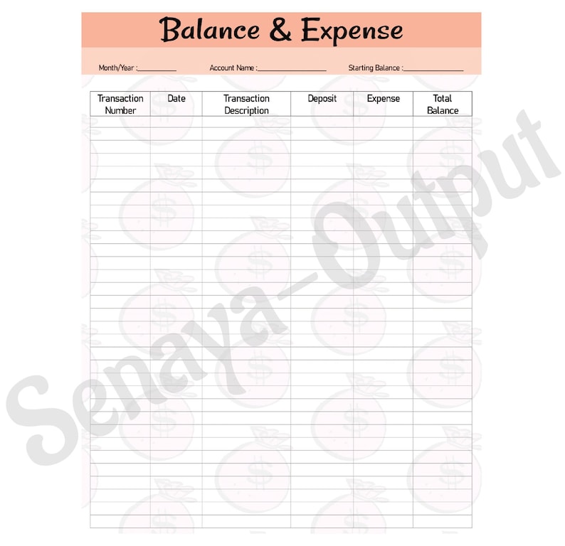 Personal Finance Log Template, Printable Balance, Expense Tracker ...