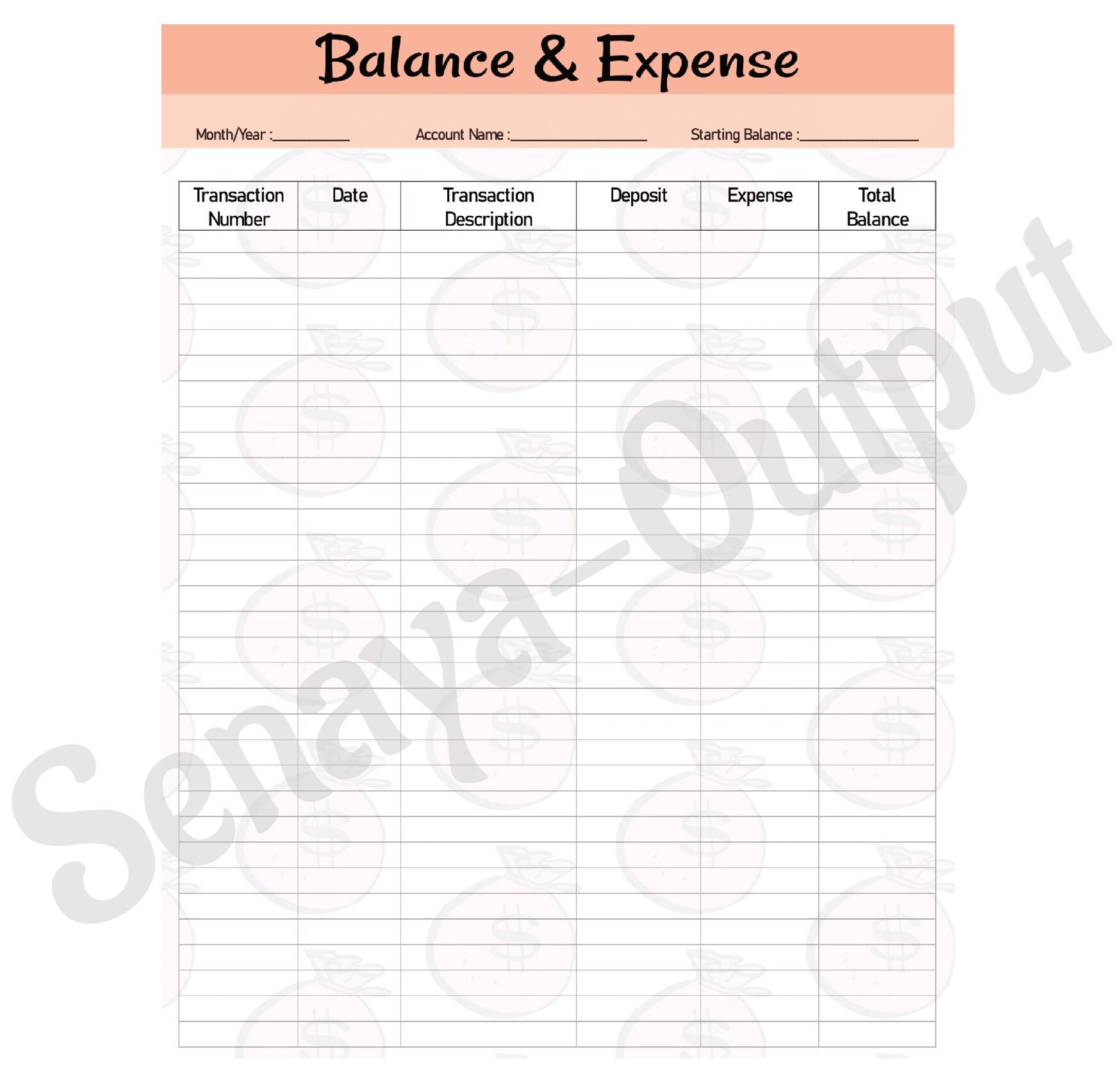 Personal Finance Log Template, Printable Balance, Expense Tracker ...
