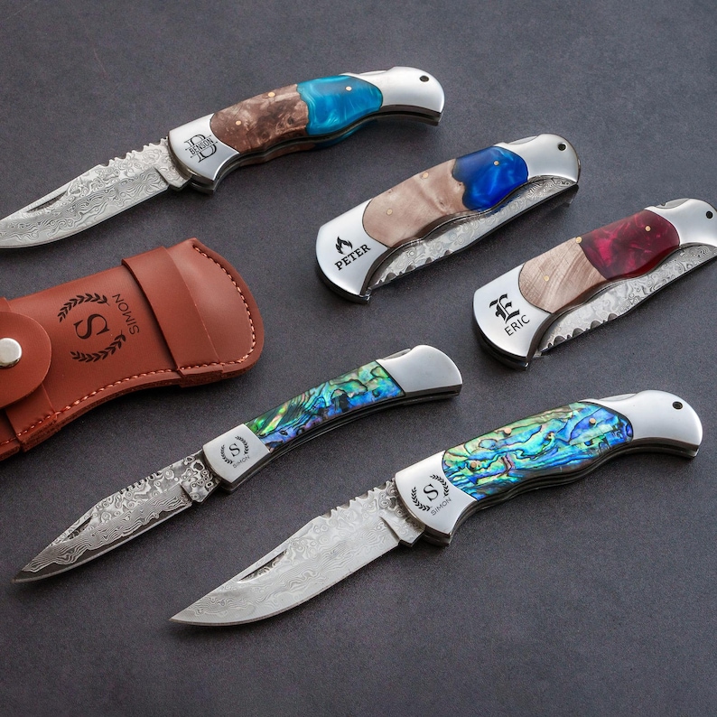 Customized Damascus Pocket Knife, Gift for Him, Best Dad Gift, Mens ...